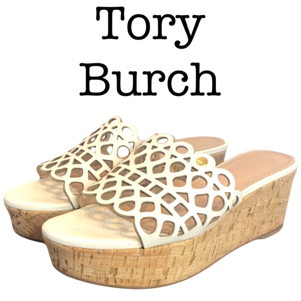 Tory Burch Dunn Laser Cut White Leather Wedge Sandals… - Gem